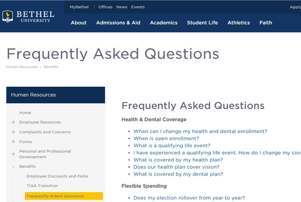 Frequently Asked Benefits Questions Web Page | Bethel University